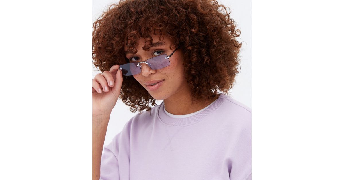 Lilac Rectangle Rimless Sunglasses | New Look