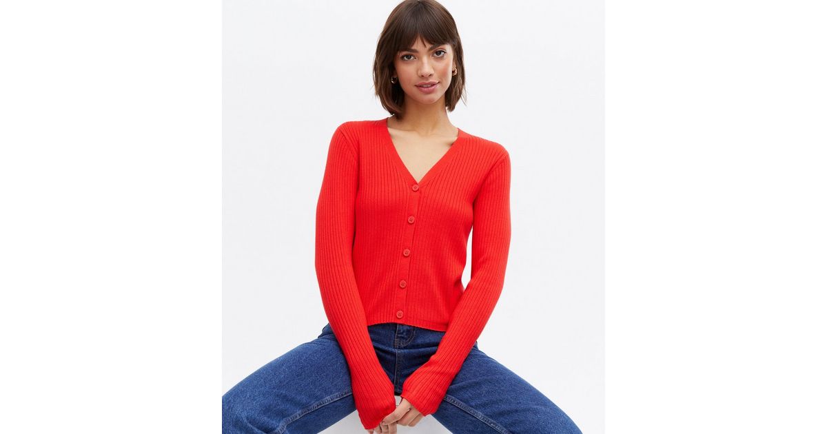 Red Ribbed Knit Button Cardigan | New Look
