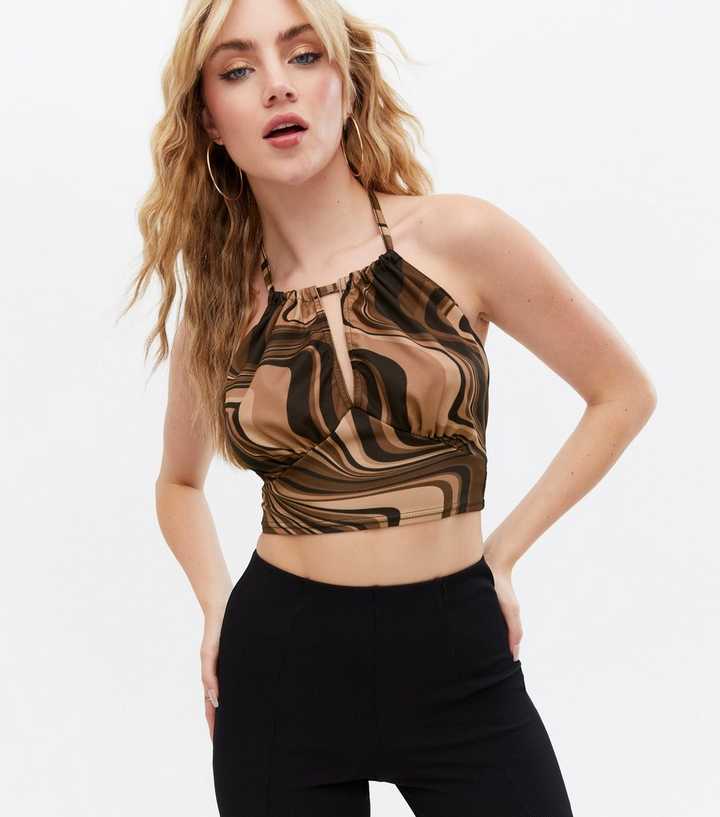 Pink Vanilla Brown Marble Halter Crop Top | New Look