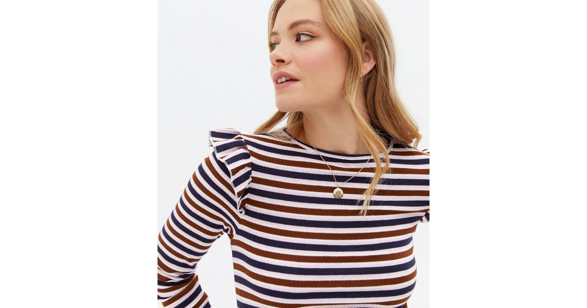 Brown Stripe Fine Knit Frill Long Sleeve Top | New Look