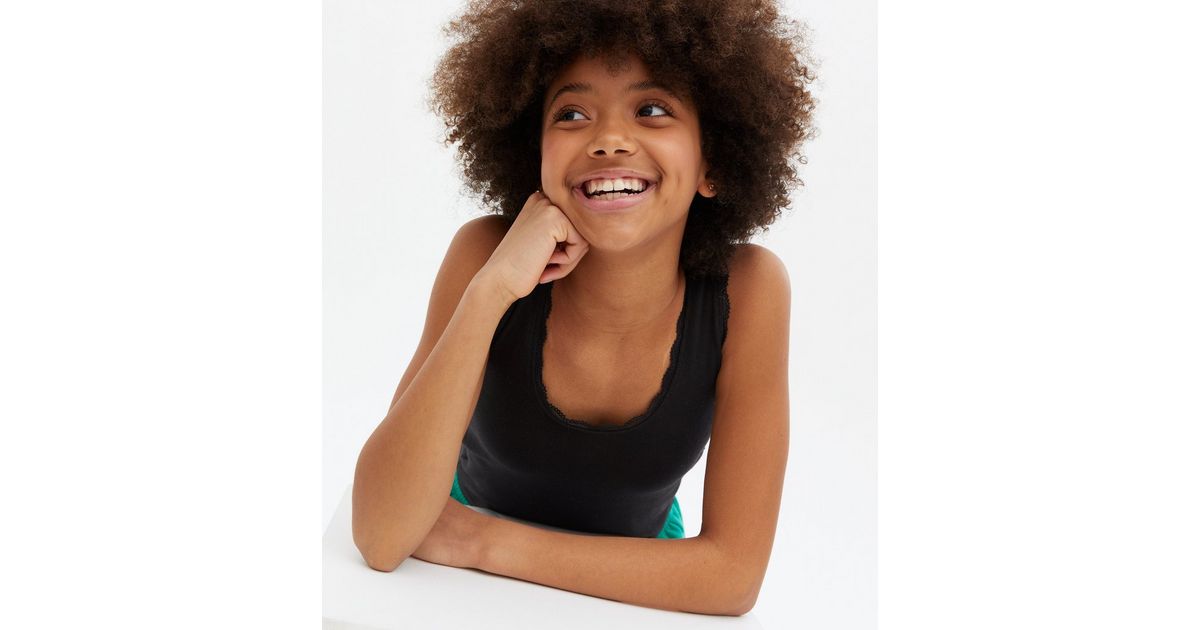 Girls Black Ribbed Lace Trim Vest | New Look