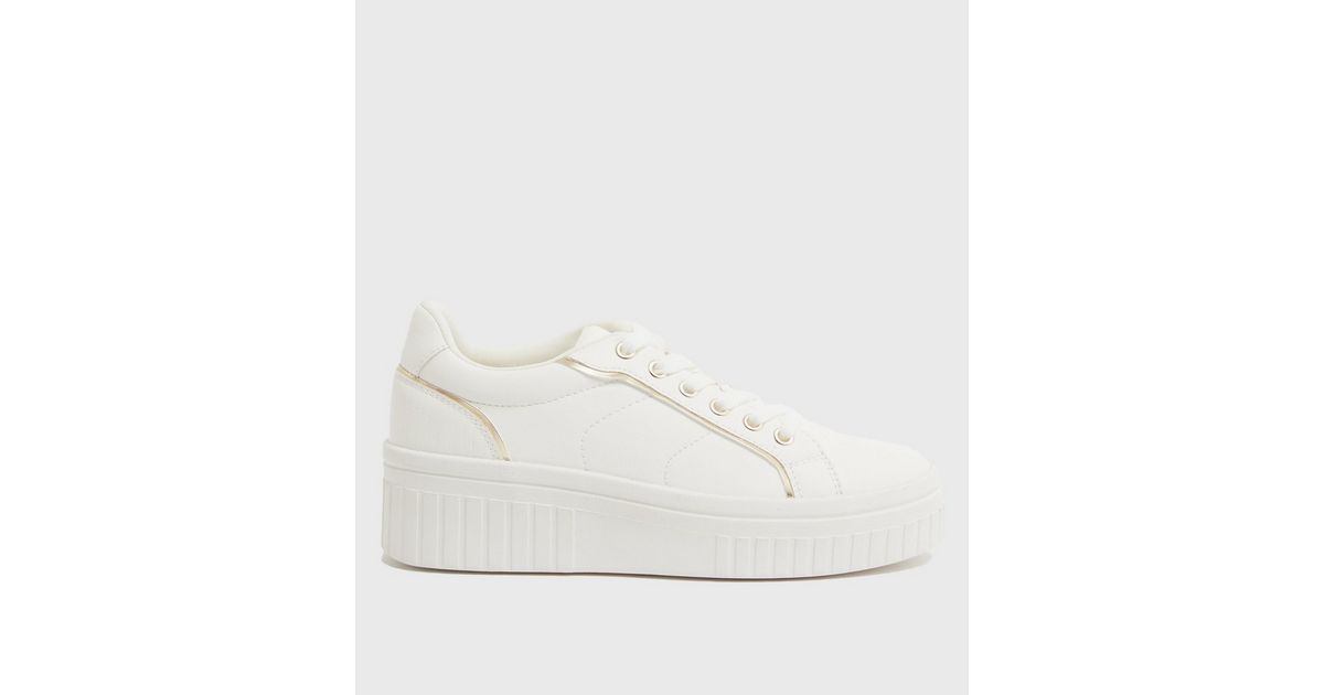 White Metallic Trim Chunky Wedge Trainers | New Look
