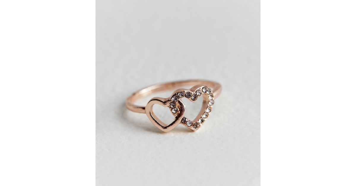 Rose Gold Diamanté Double Heart Ring | New Look