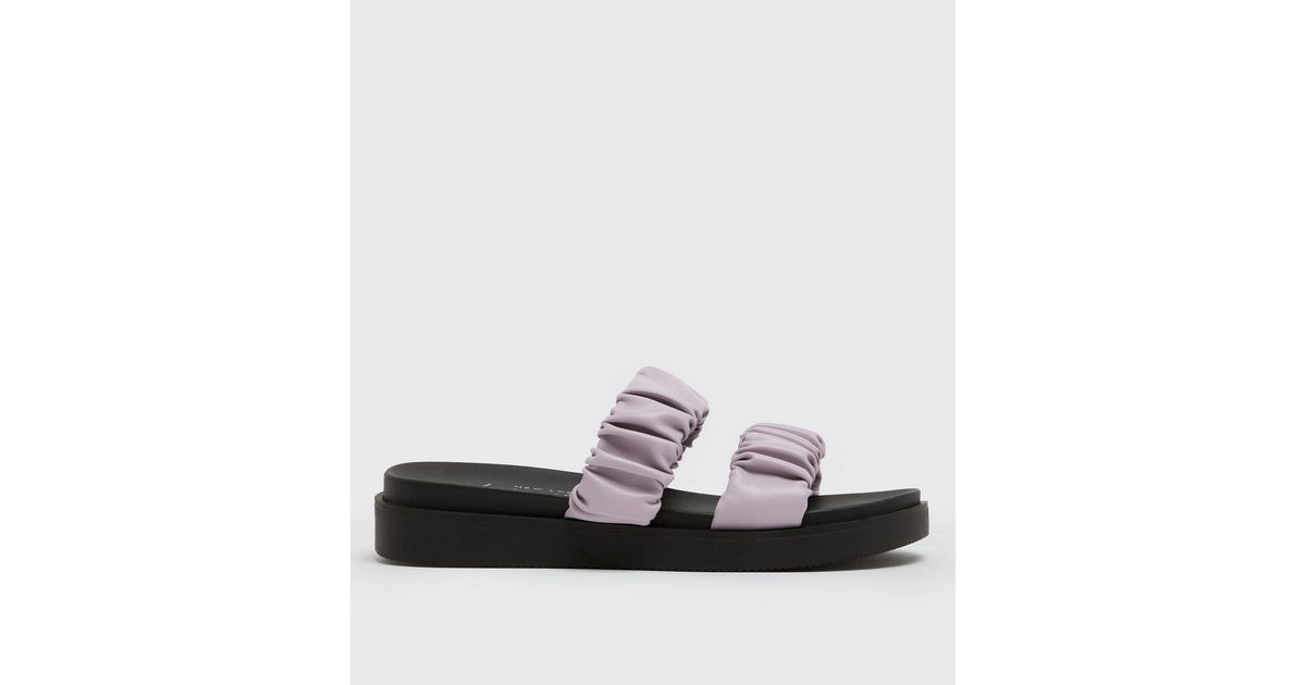 Lilac Ruched Double Strap Chunky Sliders | New Look