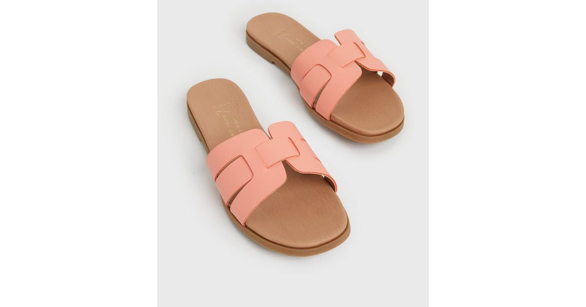 Wide Fit Coral Cut Out Strap Footbed Sliders | New Look