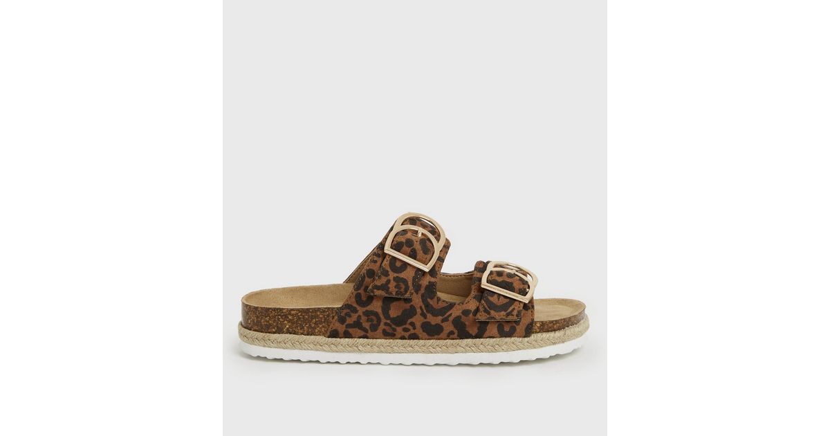 Wide Fit Brown Leopard Print Buckle Footbed Sliders | New Look