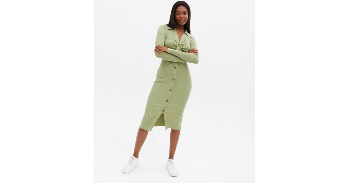Light Green Ruched Button Front Collared Midi Dress | New Look