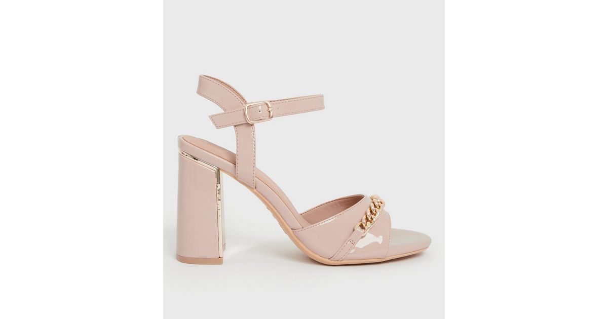 Pale Pink Patent Chain Block Heel Sandals | New Look