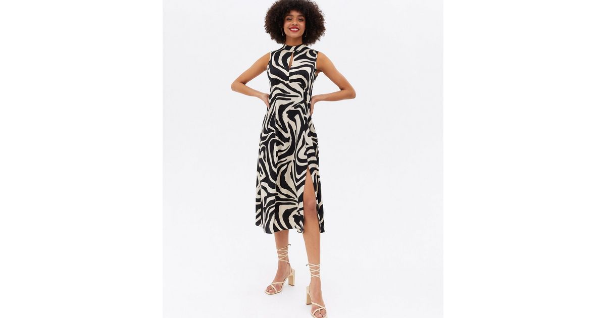 Black Zebra Print Satin High Neck Midi Dress | New Look