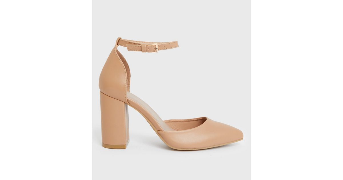 Camel Pointed Block Heel Court Shoes | New Look