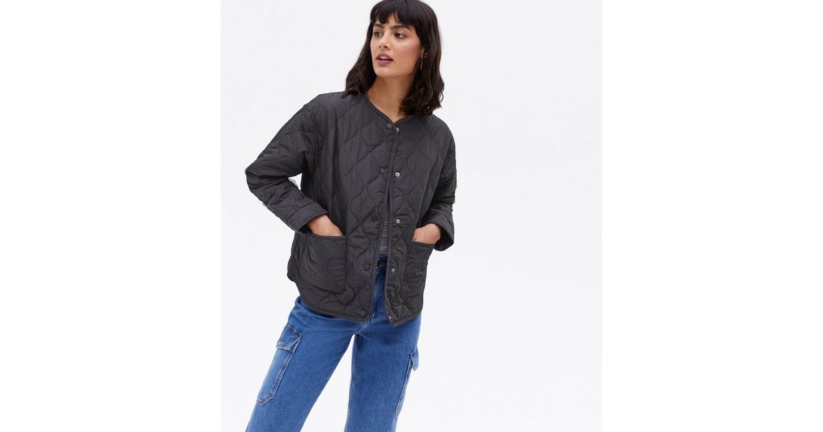 Black Quilted Collarless Jacket New Look