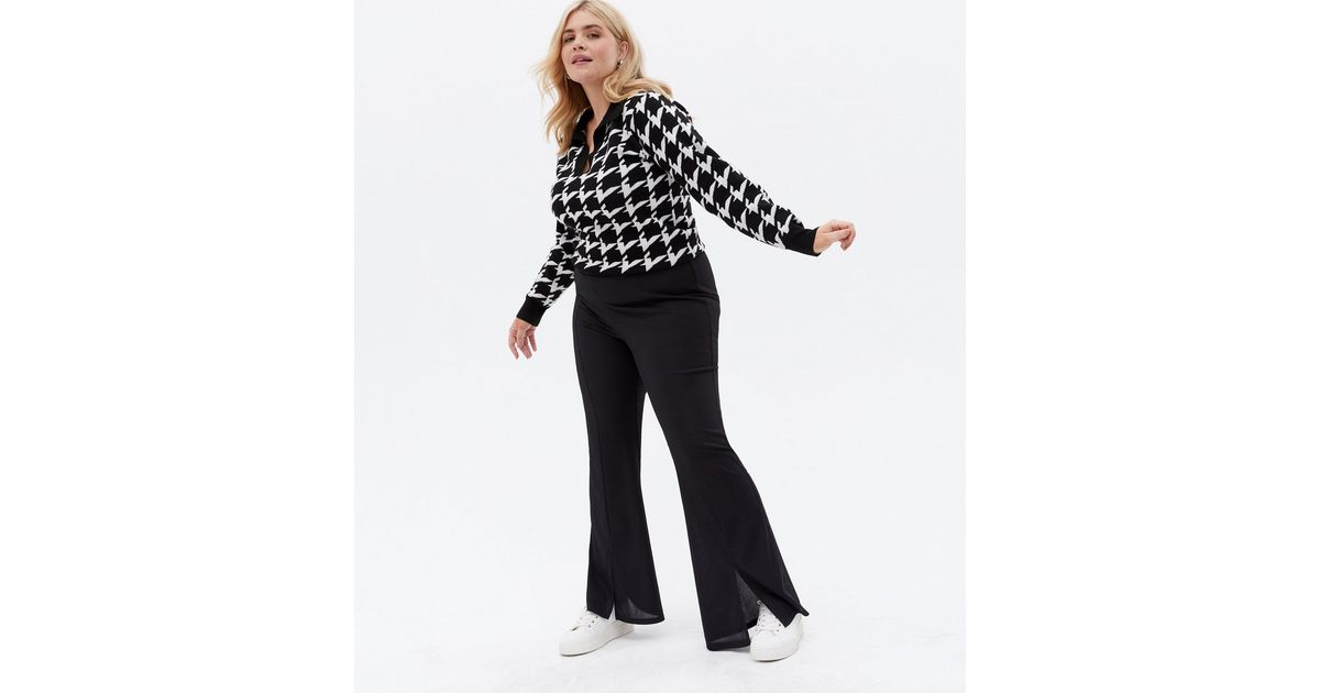 Curves Black Ribbed Split Front Flared Trousers New Look