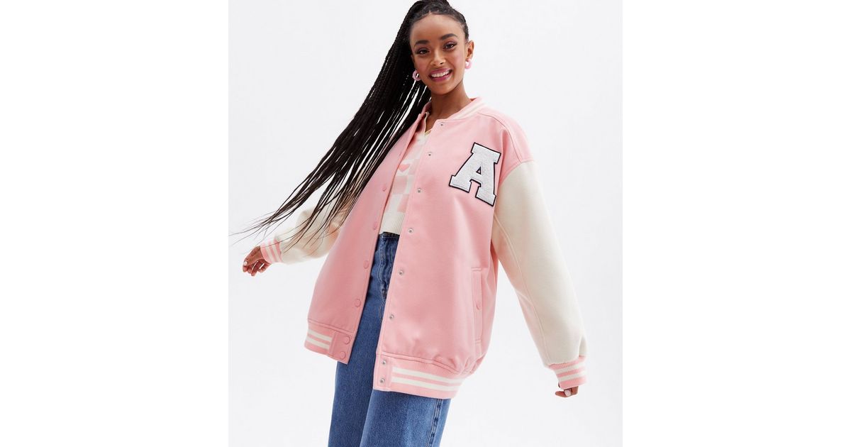 A Star Style Pink Stripe Logo Bomber Jacket | New Look
