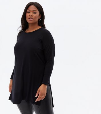 Curves Black Ribbed Split Long Sleeve Top | New Look