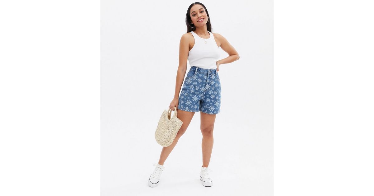 Petite Blue Floral Denim High Waist Shorts | New Look