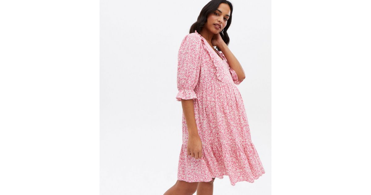 Maternity Pink Floral Frill Nursing Midi Smock Dress | New Look