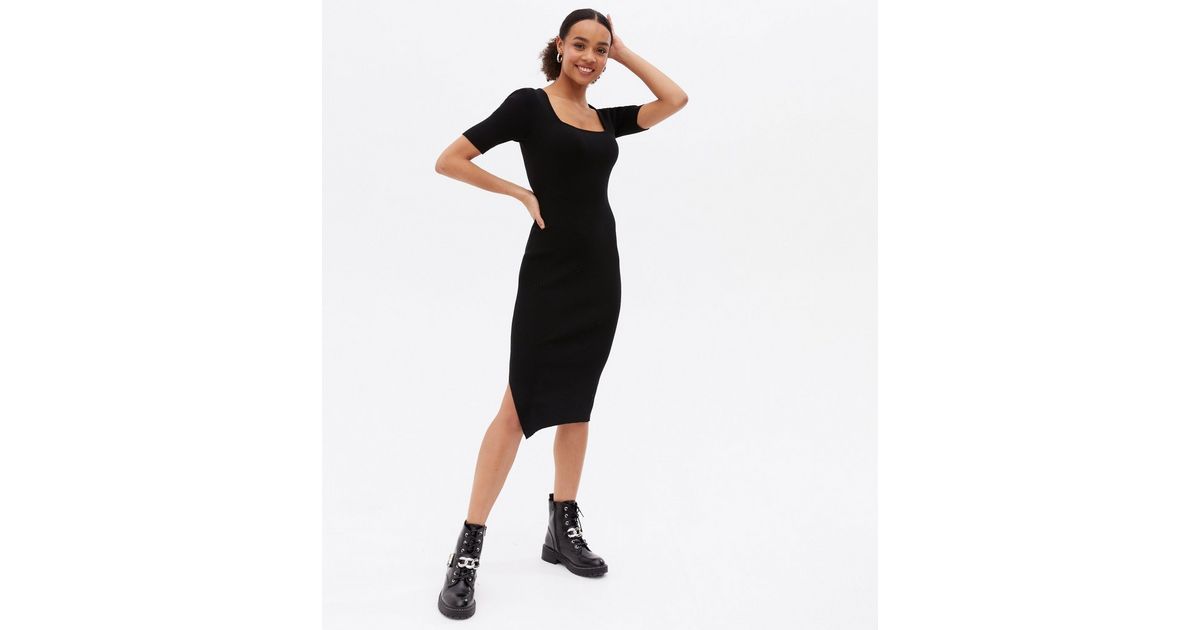 Black Ribbed Knit Square Neck Midi Dress | New Look