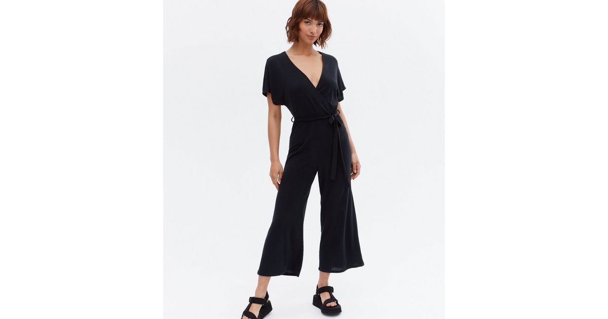 Black Ribbed Wrap Crop Jumpsuit | New Look