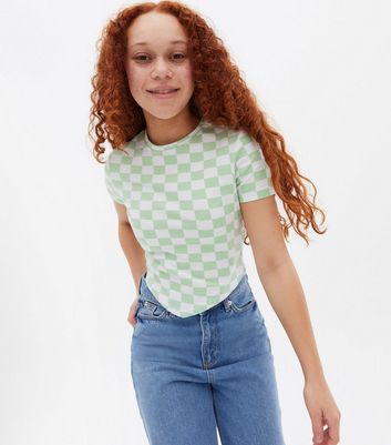 Girls Light Green Checkerboard Hanky Hem T-Shirt | New Look