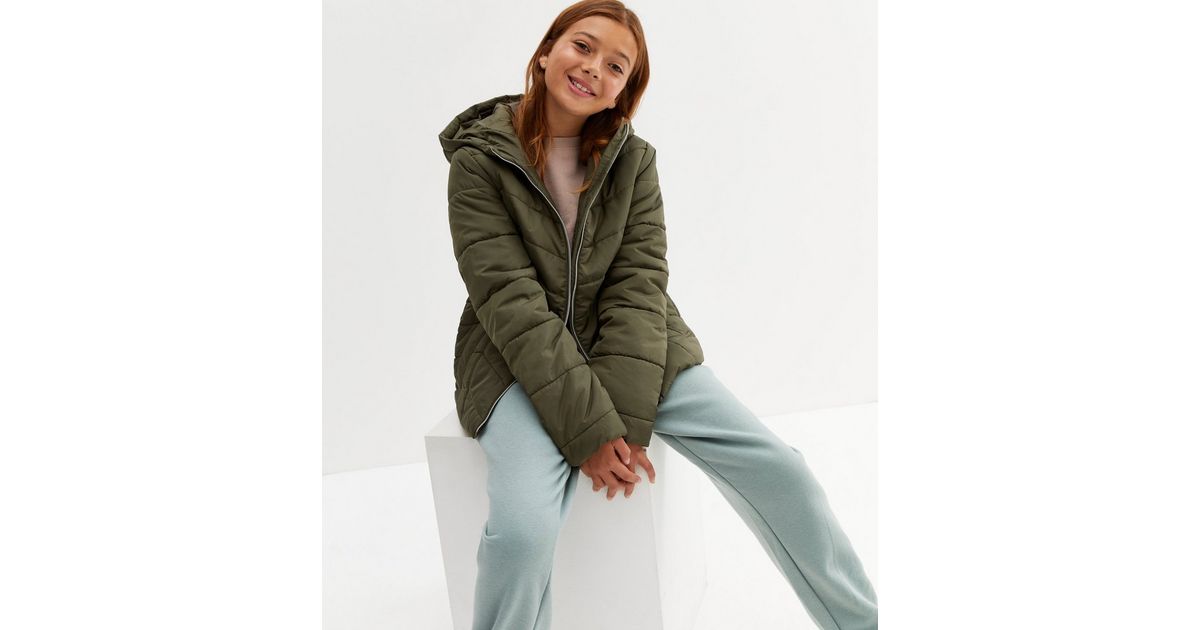 Girls Khaki Hooded Zip Puffer Jacket | New Look