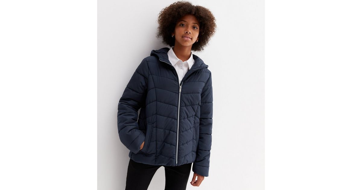 Girls Navy Hooded Zip Puffer Jacket | New Look