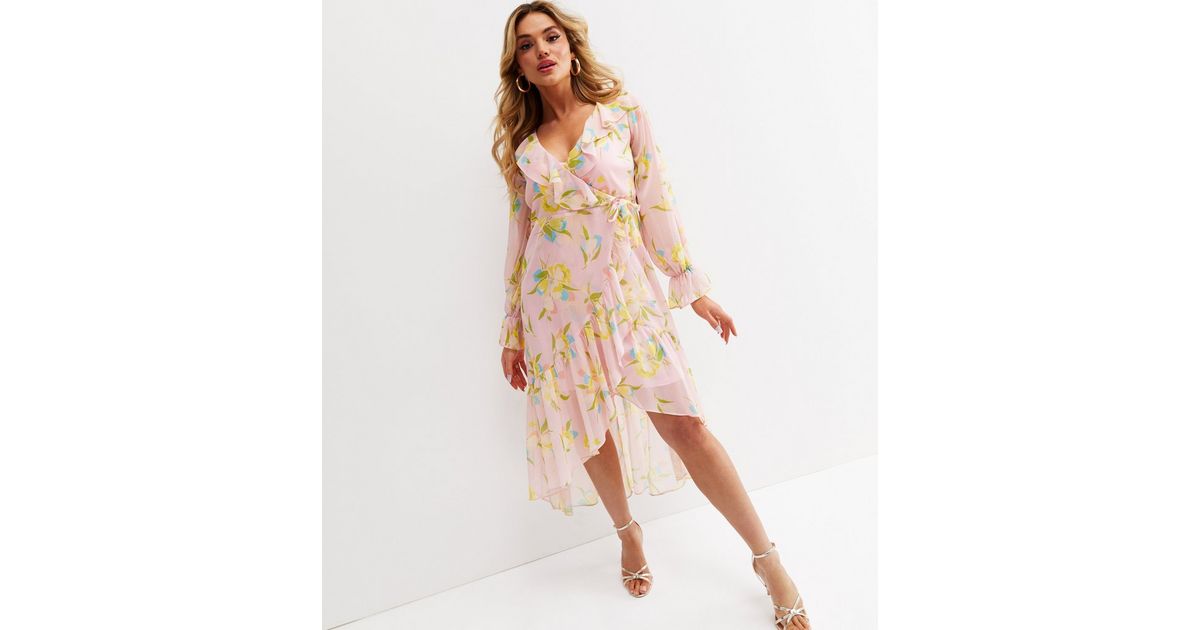 Golden Hour Pink Floral Metallic Chiffon Wrap Dress | New Look