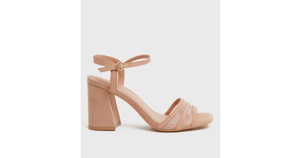 Pale Pink Suedette Mesh Strap Block Heel Sandals | New Look