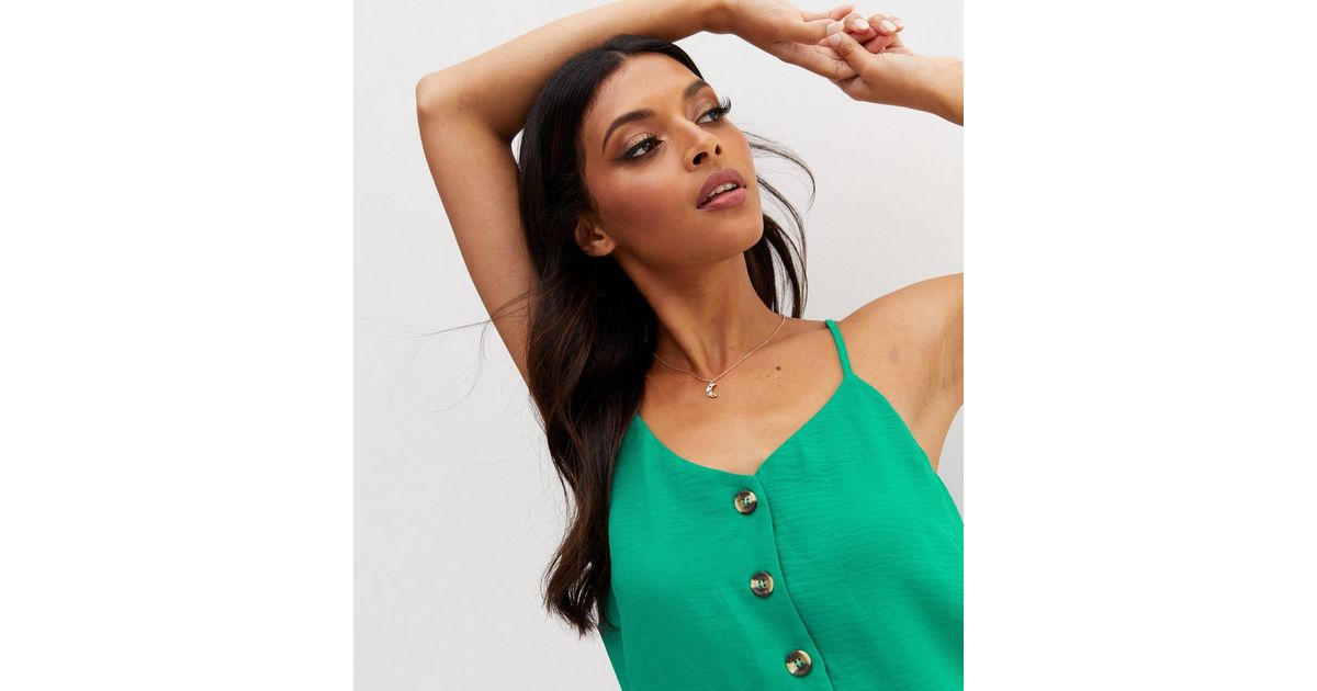 Green Button Front Strappy Cami | New Look