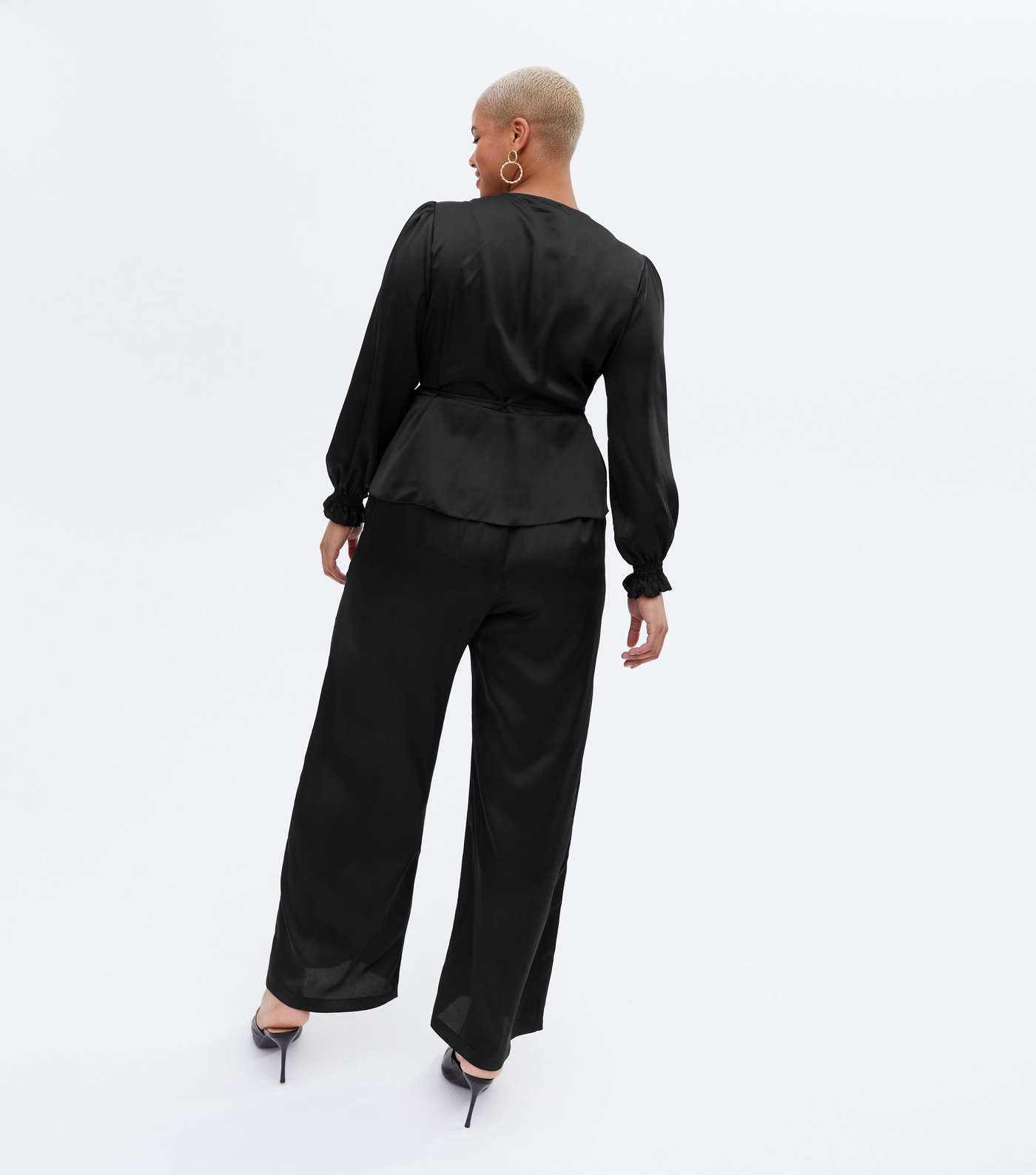 Curves Black Satin Wide Leg Trousers New Look