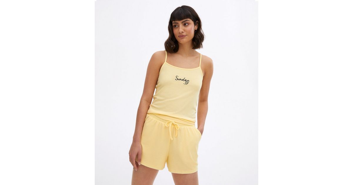 Pale Yellow Short Pyjama Set with Sunday Logo | New Look