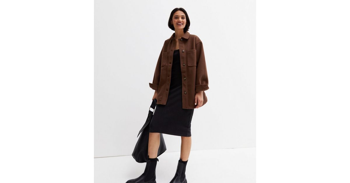 Dark Brown Plain Double Pocket Front Shacket | New Look