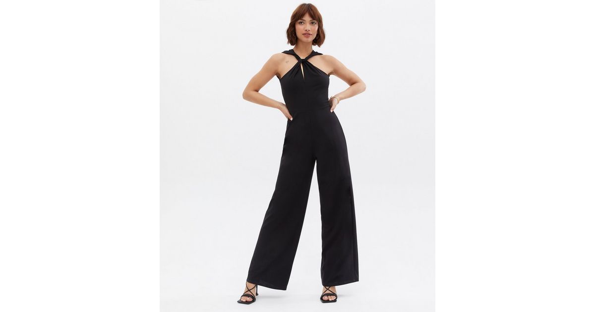 Black Lace Open Back Twist Halter Neck Jumpsuit | New Look