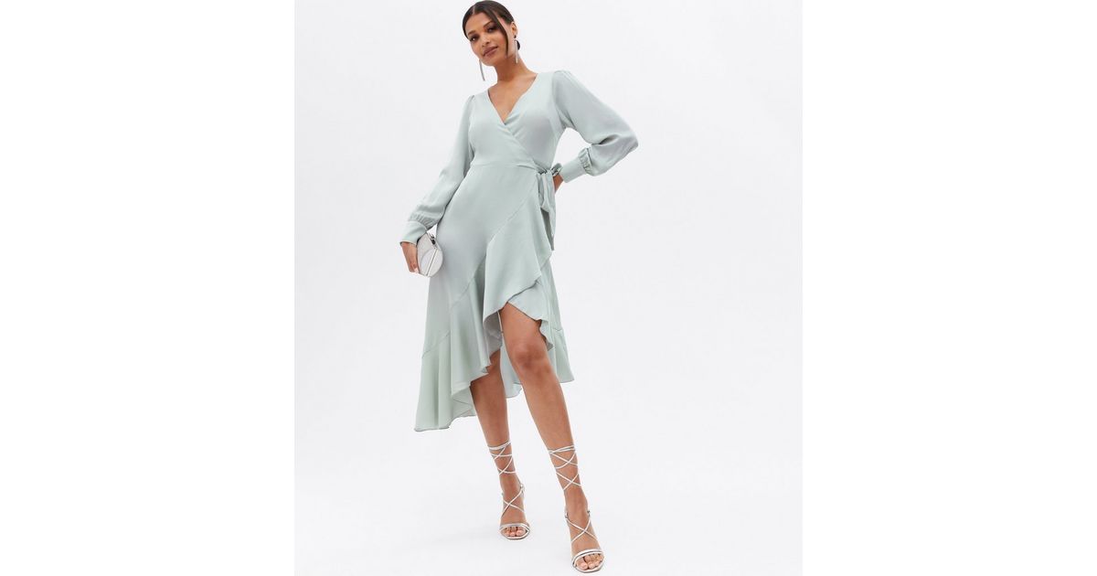 Light Green Satin Ruffle Midi Wrap Dress | New Look