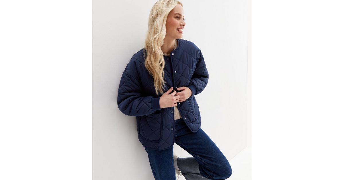 Navy Quilted Collarless Jacket | New Look