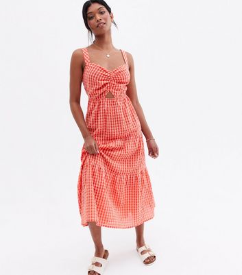 Red Check Cut Out Strappy Tiered Midi Dress | New Look
