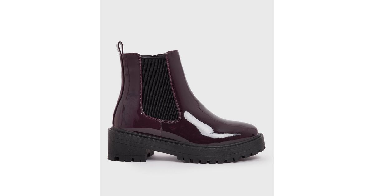 Dark Red Patent Chunky Chelsea Boots | New Look