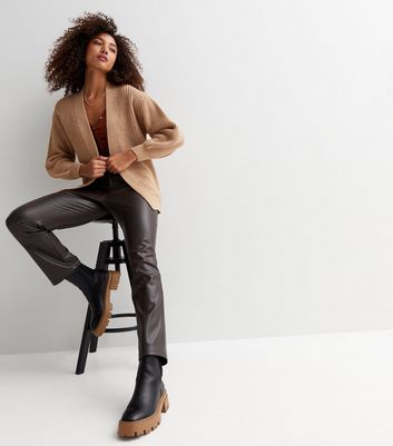 Camel Knit Long Puff Sleeve Cardigan | New Look