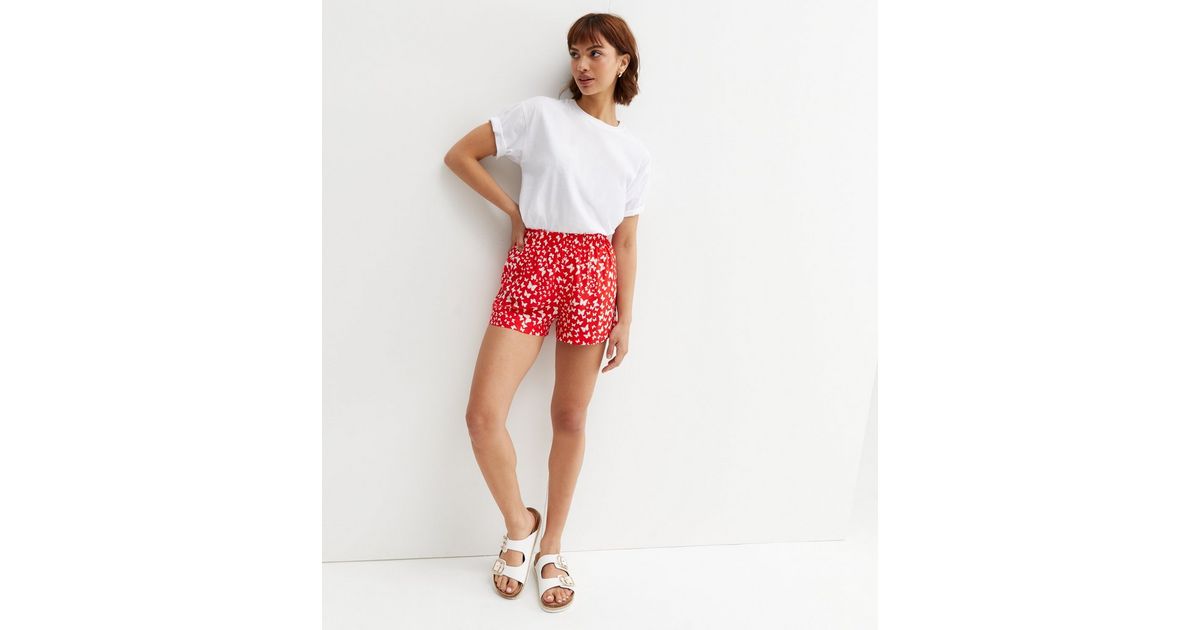 Red Flocked Butterfly Runner Shorts | New Look