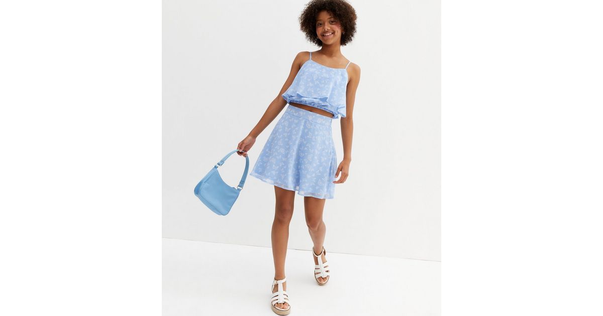 Girls Pale Blue Butterfly Chiffon Double Layered Cami | New Look
