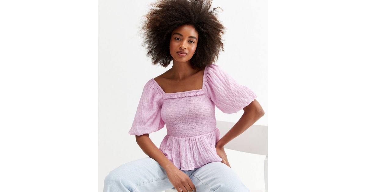 Pale Pink Shirred Square Neck Peplum Top | New Look