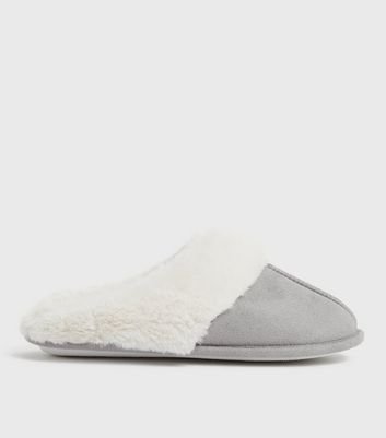 Grey Suedette Faux Fur Lined Mule Slippers | New Look