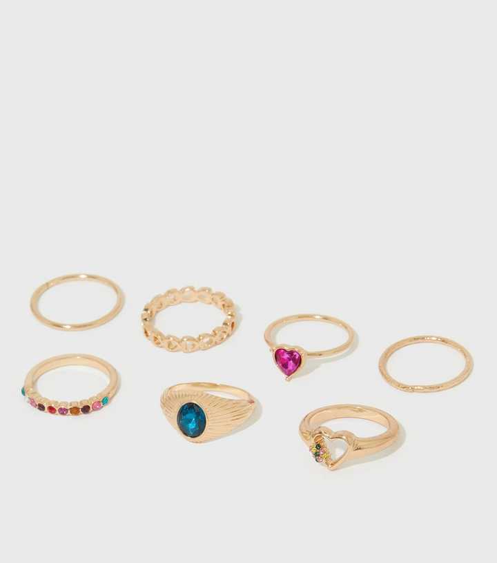 7 Pack Gold Gem Stacking Rings | New Look