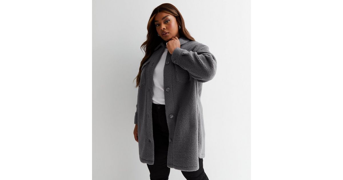 Curves Light Grey Teddy Pocket Front Long Shacket | New Look