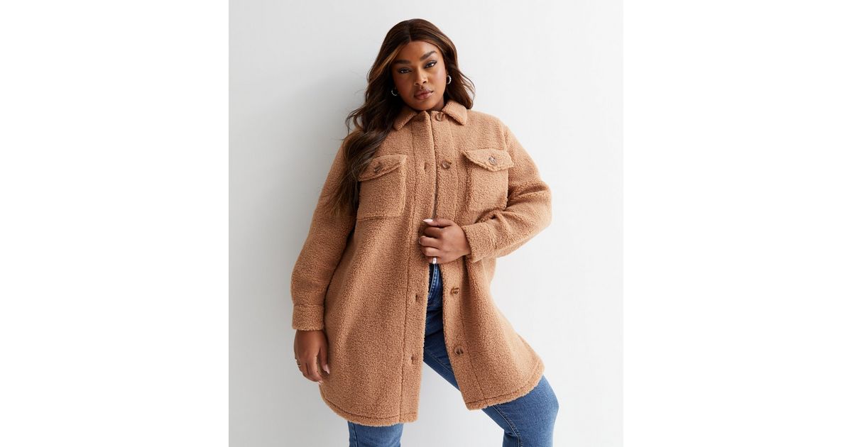 Curves Camel Teddy Pocket Front Long Shacket | New Look