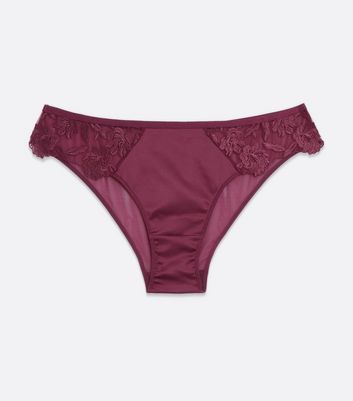 Burgundy Floral Lace Brazilian Briefs | New Look