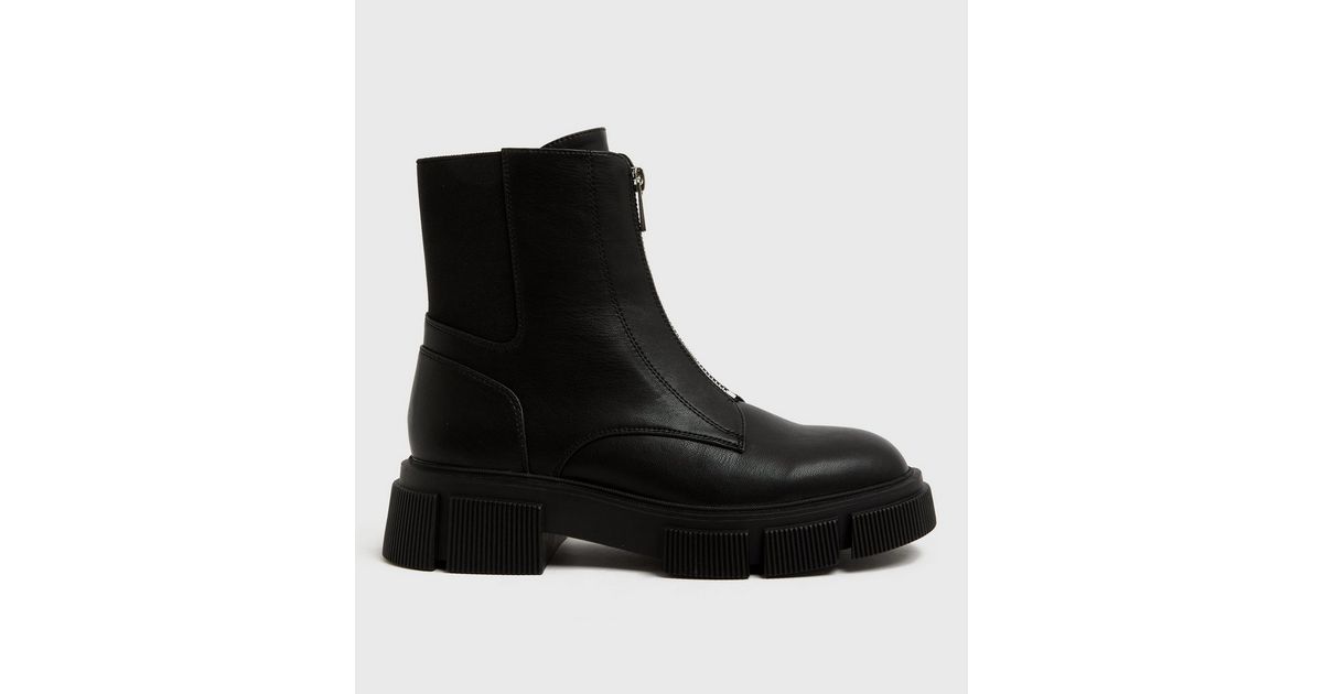 Black Zip Up Chunky Cleated Ankle Boots | New Look