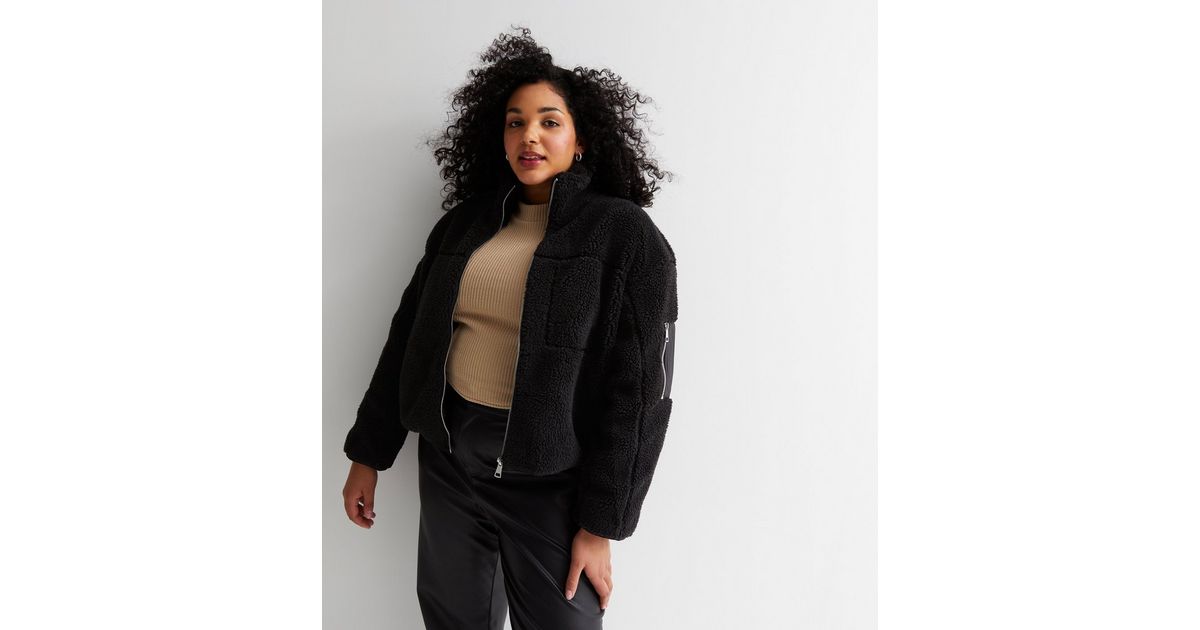 Curves Black Borg Funnel Neck Zip Jacket | New Look