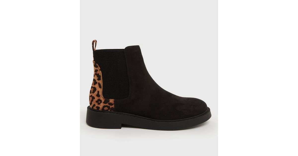 Girls Black Suedette Leopard Print Chelsea Boots | New Look