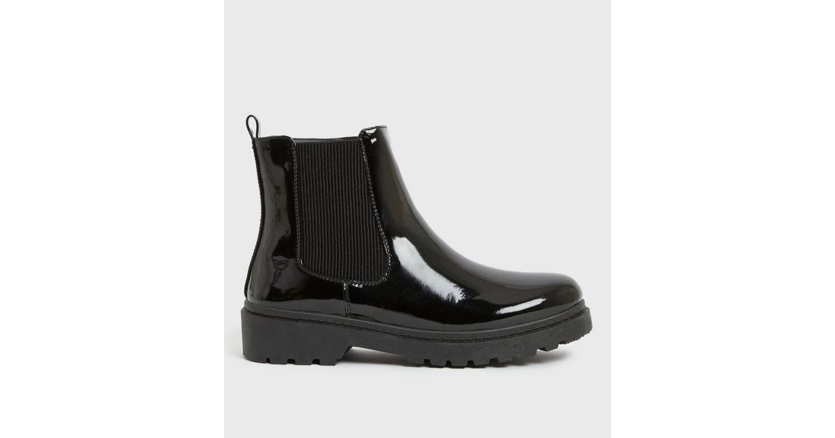 Girls Black Patent Chunky Chelsea Boots | New Look