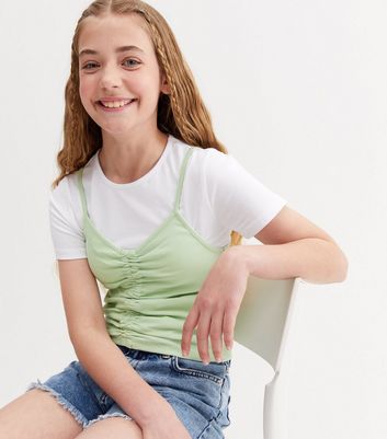 Girls Light Green Ribbed Ruched 2 in 1 Cami Top | New Look